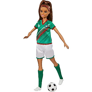 Barbie Soccer Fashion Doll with Brunette Ponytail, Colorful #16 Uniform, Cleats & Tall Socks, Soccer Ball 11.5 inches