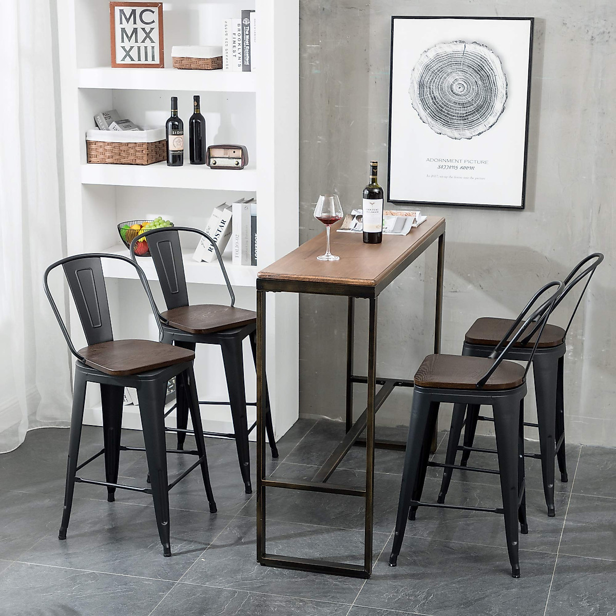 Aklaus Swivel Metal Bar Stools Set of 4 Counter Height Stools Counter Bar Stools with Back Swivel Metal Bar Chairs Wooded Seat 26 Inch Matte Black barstools