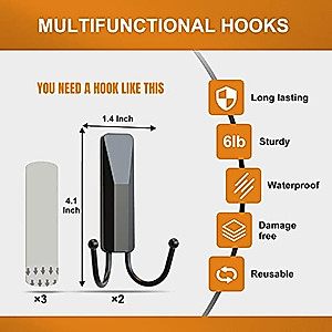 RICHER HOUSE Black Double Wall Hooks for Hanging, 2 Pack Removable Adhesive Coat Hooks with 3 Strips, Organize Damage-Free Sticky Hooks, Utility Hooks Hanging Heavy Duty for Coat, Towel, Hat, Key