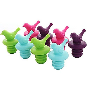 ScivoKaval Little Bird Silicone Wine Bottle Stopper Kit, Silicone Bottle Cork Set of 8, Assorted Color Green Blue Pink and Purple