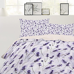 Anzona Purple Lavender Duvet Cover Queen Size - 4 Pieces Duvet Cover Set, Spring Flower Watercolor Floral Rustic Bedding Comforter Cover Zipper Closure, 1 Duvet Cover 1 Fitted Sheet 2 Pillow Shams