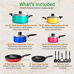 15-Piece Nonstick Kitchen Cookware Set PTFE/PFOA/PFOS- Free | Colorful Heat Resistant Lacquer Kitchen Ware Pots Pan Set w/ Saucepot, Frying Pans, Pots, Oven Pot, Lids, 5 Utensil - NutriChef NCCWCOR15