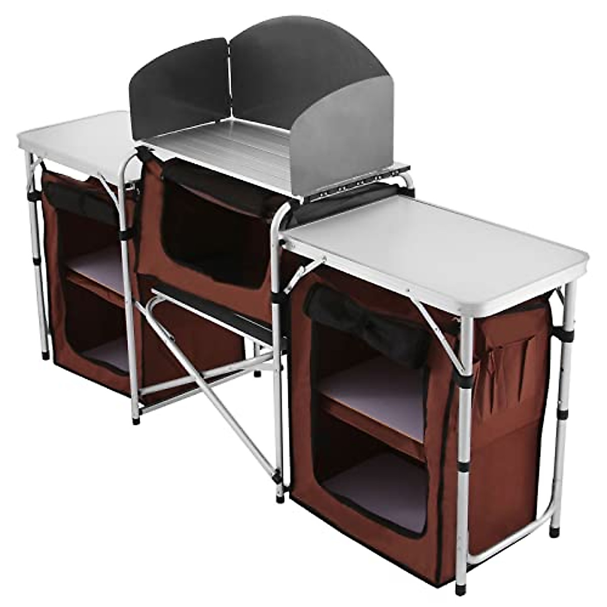 Happybuy Camping Kitchen Table, 3 Storage Organizer, Aluminum Windscreen Outdoor Folding Grill Station with 2 Side Tables, Camping Supplies and Accessories for BBQ Picnic Fishing Party Use, Brown