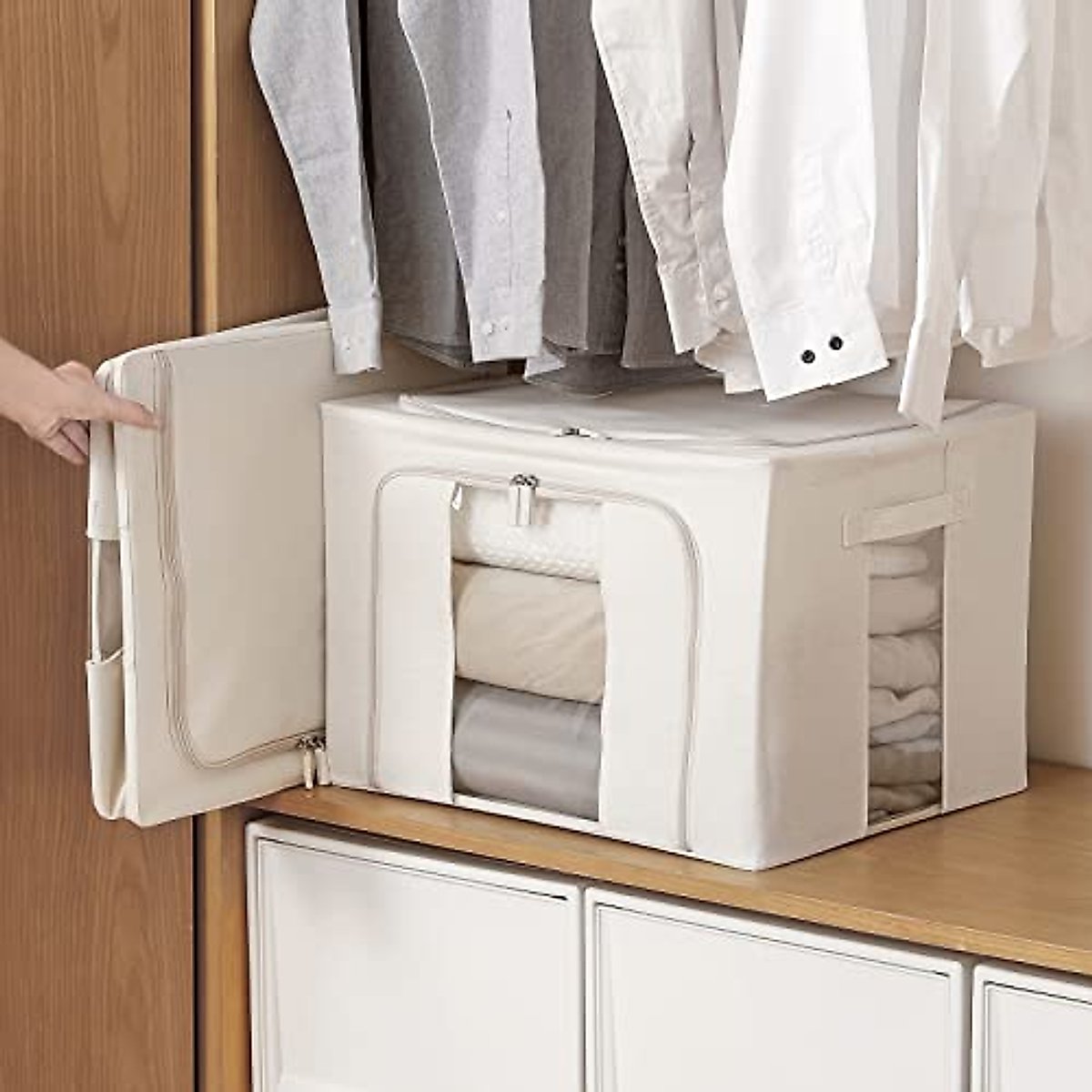 SHIMOYAMA Foldable Large Storage Bag, 2 Pack, 73L and 90 L, Fabric Stackable Containers with Metal Frame, Large Storage Box Set Organizer with Clear Window and Carry Handles for Bed, Closet