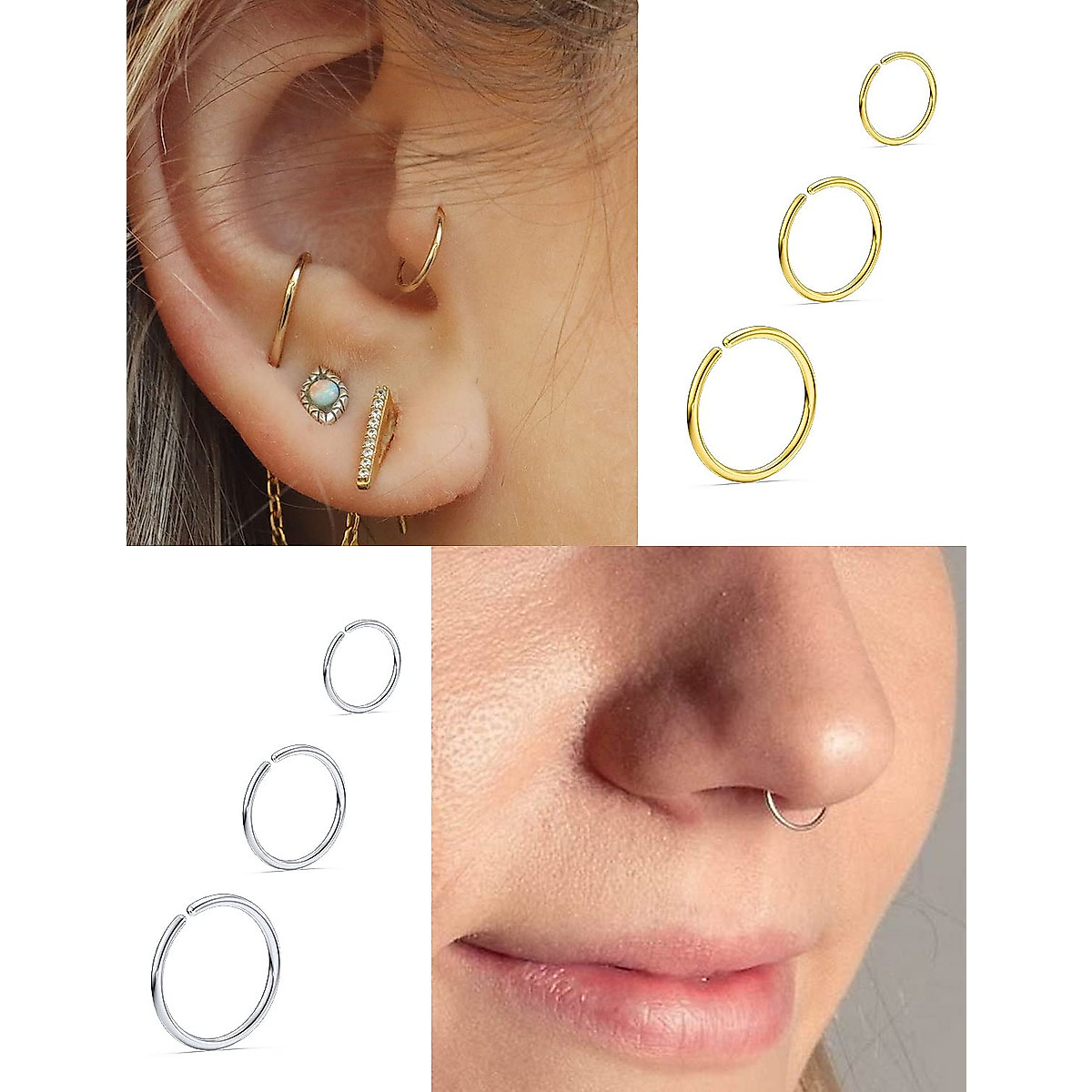 Vsnnsns 22G Nose Rings Hoops for Women Men 316L Stainless Surgical Steel Lip Septum Rings 22 Gauge Helix Tragus Cartilage Earring Hoop Piercing Jewelry 6mm 8mm 10mm Nose Piercing Hoops Jewelry