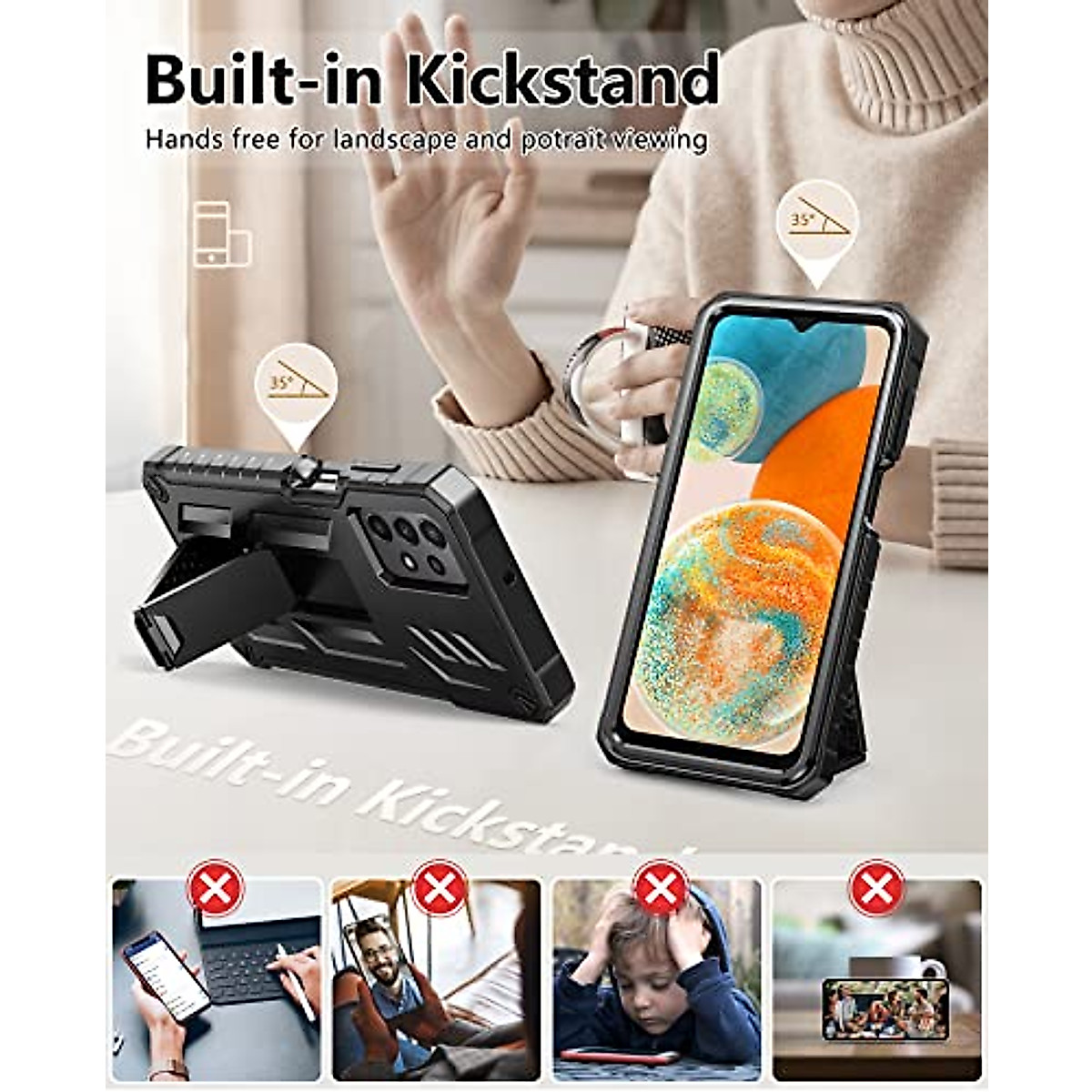 FNTCASE for Samsung Galaxy A23 5G Case: Heavy Duty Rugged Military Grade Shockproof TPU Full Protective Shell with Kickstand Durable A23 4G LTE Phonecase Cell Phone Cover Black