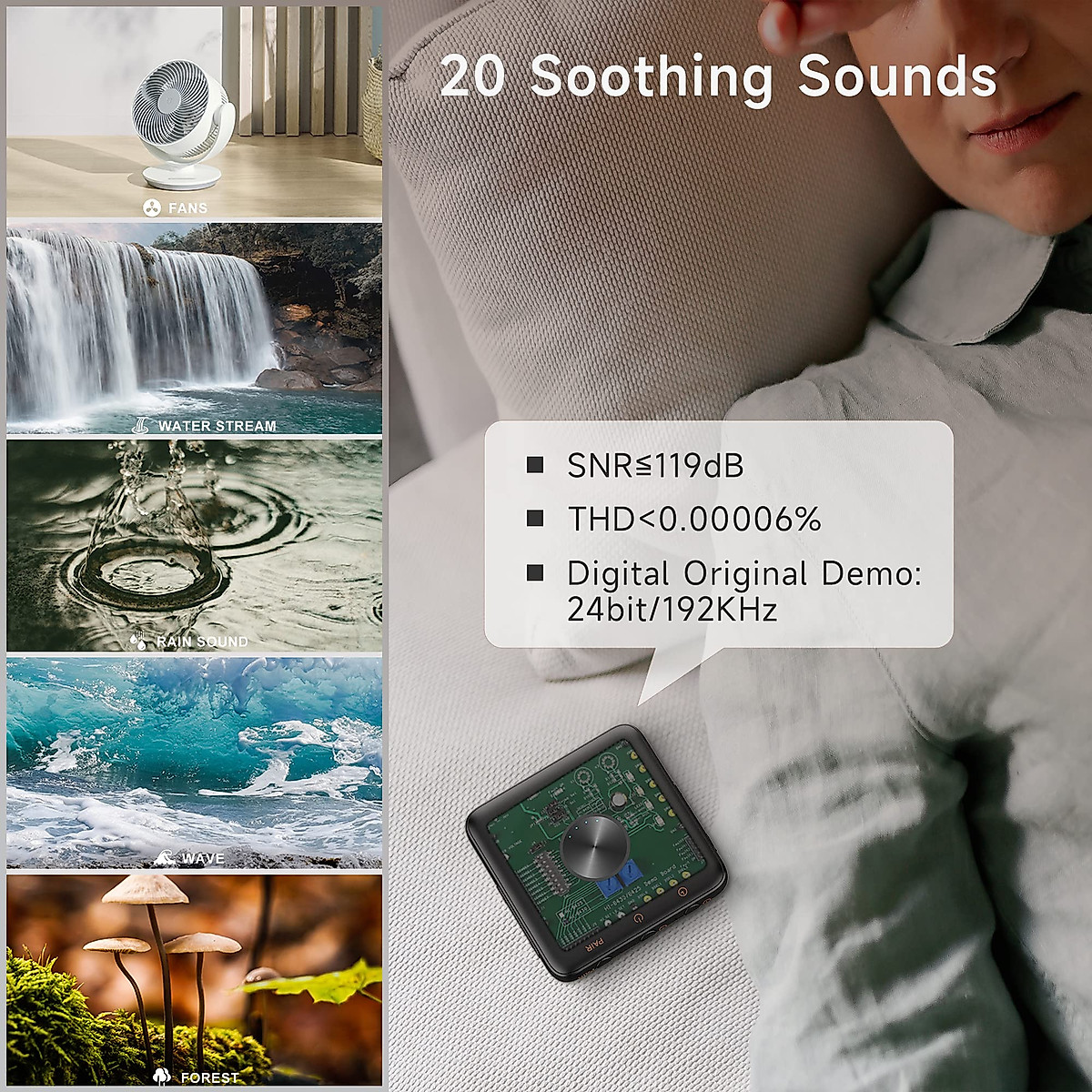 Kipcush White Noise Bluetooth Transmitter, with 20 High Fidelity Soundtracks, Portable White Noise Machine for Apple Earphones only, Long Life Rechargeable Battery, Apple Earphone Accessories