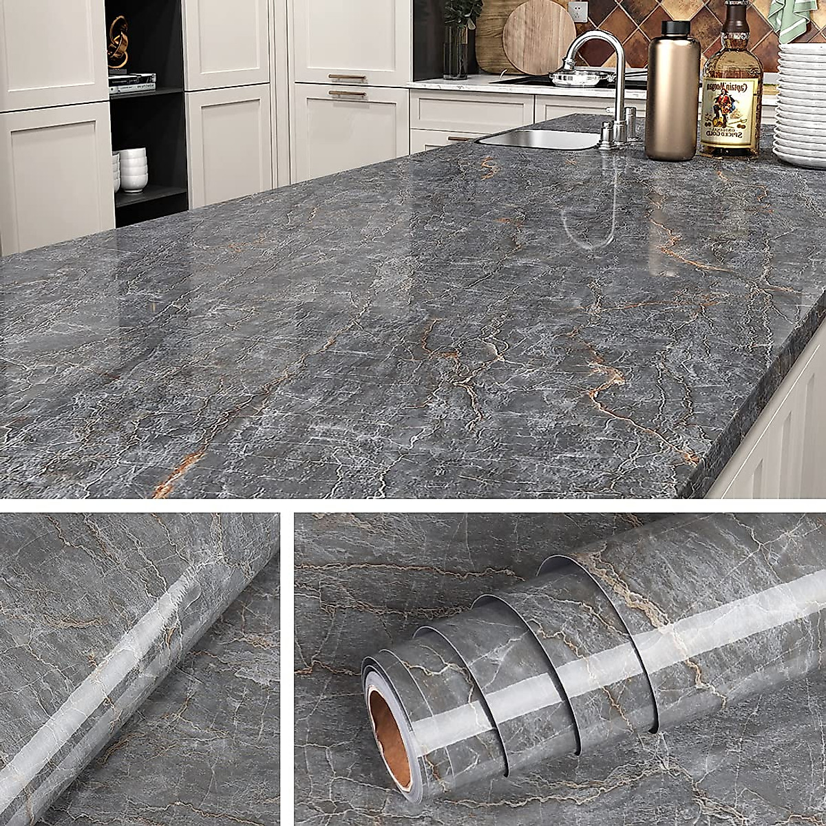 Livelynine 197 X 36 Inch Wide Dark Grey Marble Contact Paper Waterproof Peel and Stick Countertops Marble Paper Kitchen Countertop Vinyl Wrap Marble Countertop Peel and Stick Table Top Dresser Cover
