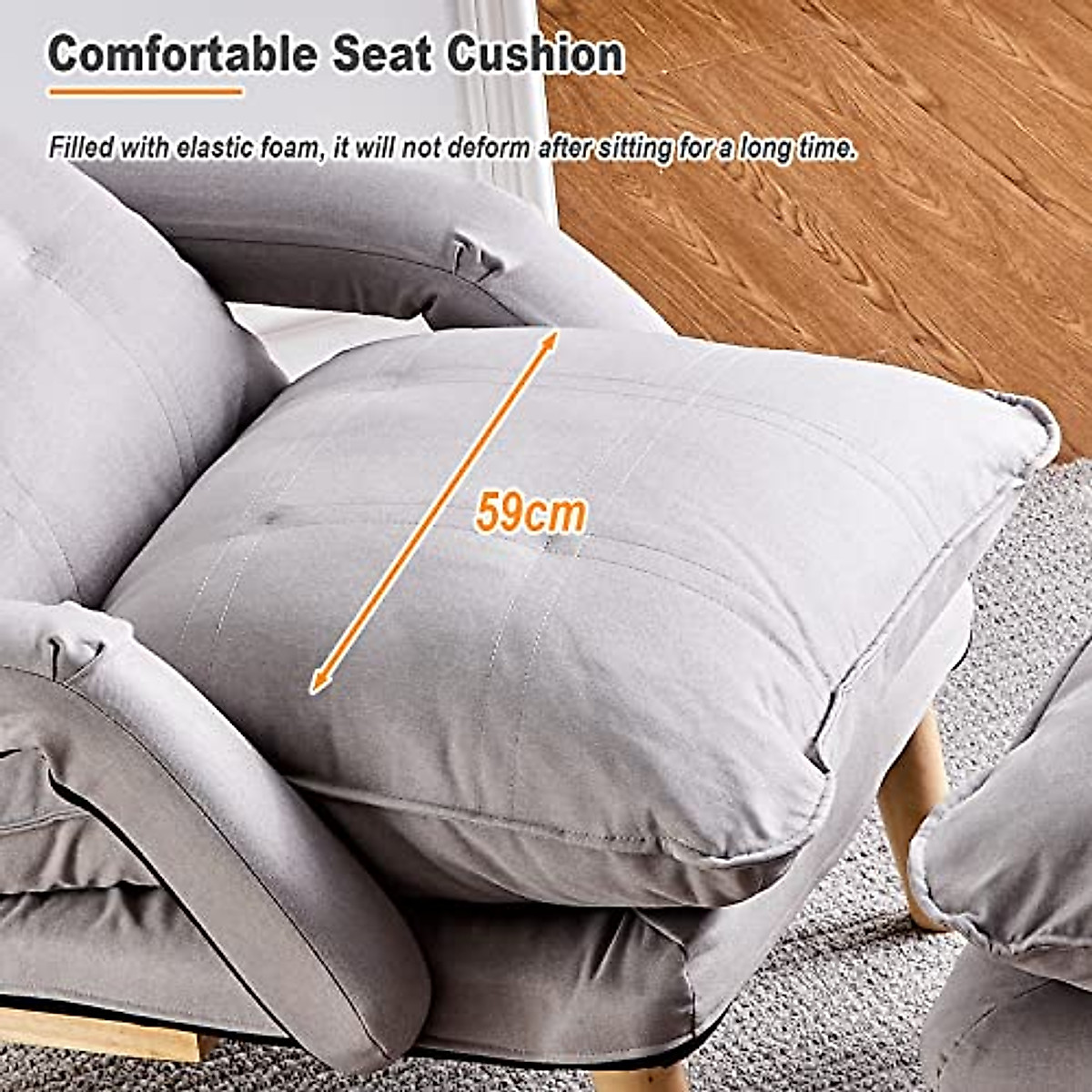 CLIPOP Modern Living Room Accent Chair with Ottoman, Comfy Linen Armchair with Adjustable Backrest(5 Angles), Solid Wood Legs, Leisure Upholstered Single Sofa Chair with Footrest,Grey