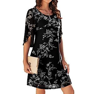 Actcat Women's Casual Loose 3/4 Sleeve A-Line Shift Wedding Guest Dresses Floral,Flower White Black,Medium
