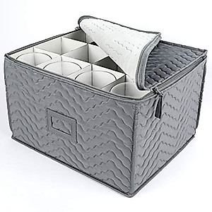 LotFancy Stemware Storage Container - Deluxe Quilted Storage Case with Dividers for 12 - Wine Glasses, Champagne Flutes, Glassware, Drinkware Storage Chest, 15.5”x12.5”x 10”, Gray