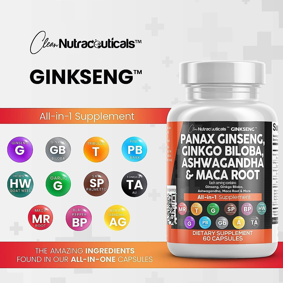 Clean Nutraceuticals Panax Ginseng Ginkgo Biloba Ashwagandha Maca Root - Focus Supplement Pills for Women and Men with Pine Bark Extract, Garlic, and Saw Palmetto - 60 Caps