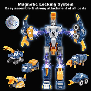 Construction Trucks Toy Dinosaur Vehicles Magnetic Set, 5-in-1 Educational STEM Building Car Kit, Transform to Big Robot, Holiday Birthday Present for Toddler Kid 3 4 5 6 7 Year Old Boys Girls