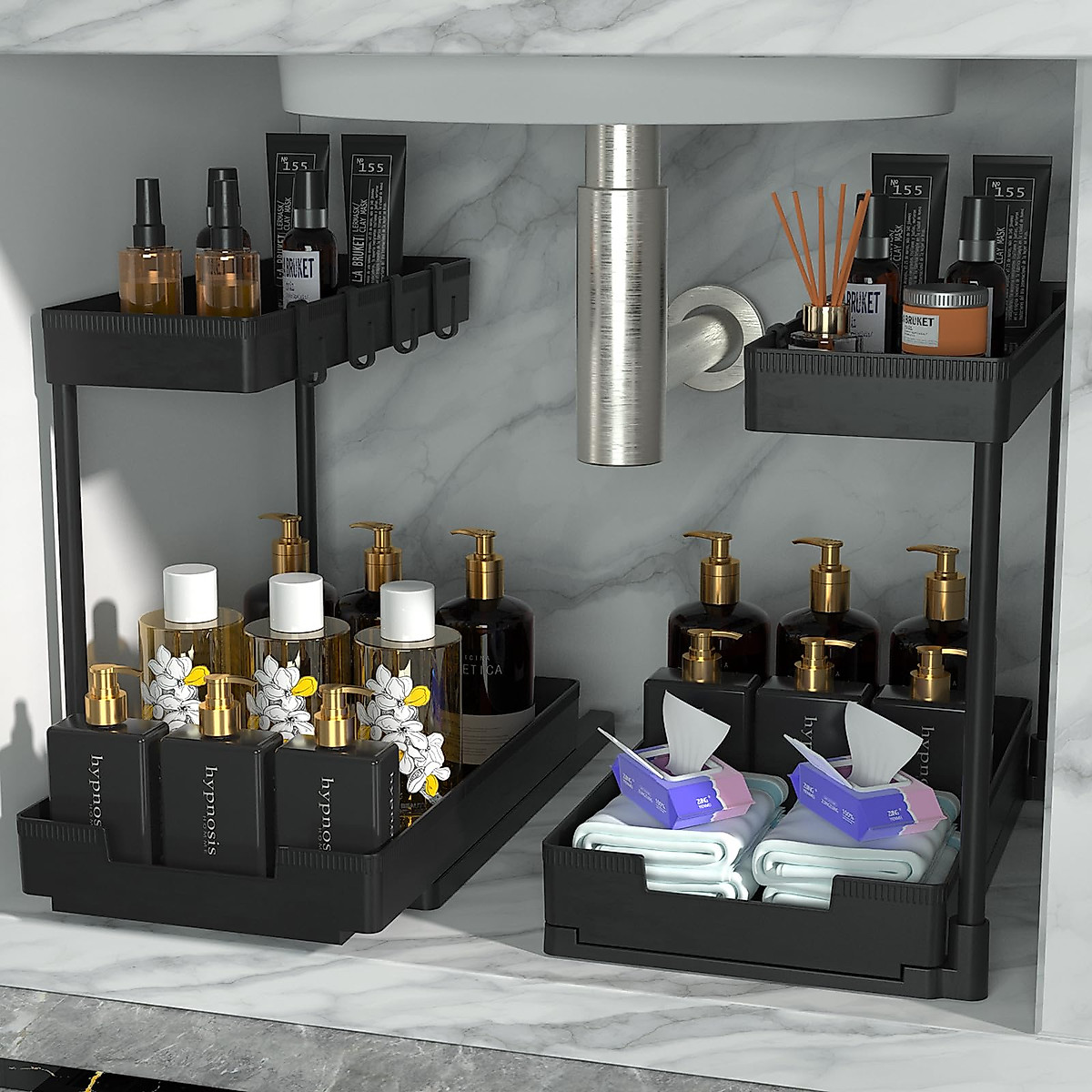 JUJEKWK Under Sink Organizers and Storage 2 pack, 2-Tier bathroom organizer, Kitchen Organizer, L Shaped cabinet organizer (Black)