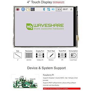 waveshare 4inch Resistive Touch Display Compatible with Raspberry Pi 4B/3B+/3B/2B/B+/A+/Zero/Zero W/WH/Zero 2W Series Boards 480×320 Resolution 125MHz High-Speed SPI