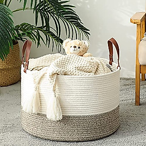 KAKAMAY Large Cotton Rope Blanket Basket (20"x13"),Woven Baby Laundry Hamper，Blanket Basket for Nursery, Laundry, Living Room, Pillows, Toys with Handles （White/Beige/Grey）