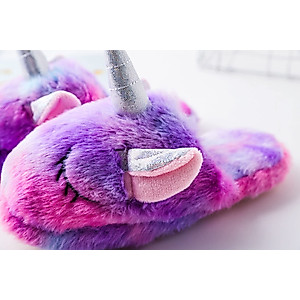 ZOBAYOP Kids Unicorn Slippers with Rubber Soles for Boys Girls Home Plush Shoes Indoor Anti Slip Cute Warm Purple X22