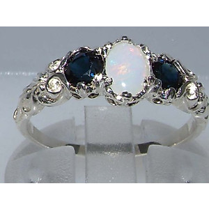 LetsBuyGold 925 Sterling Silver Natural Opal and Sapphire Womens Promise Ring - Size 9.5