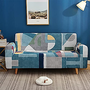 HOSIMA Geometric Irregularity Sofa Covers for 4 Cushion Couch,Blue and Grey X-Large Couch Slipcover,Printed Stretch Washable X-Large Slipcover Furniture Protector for Living Room,X-Large(93-118 inch)