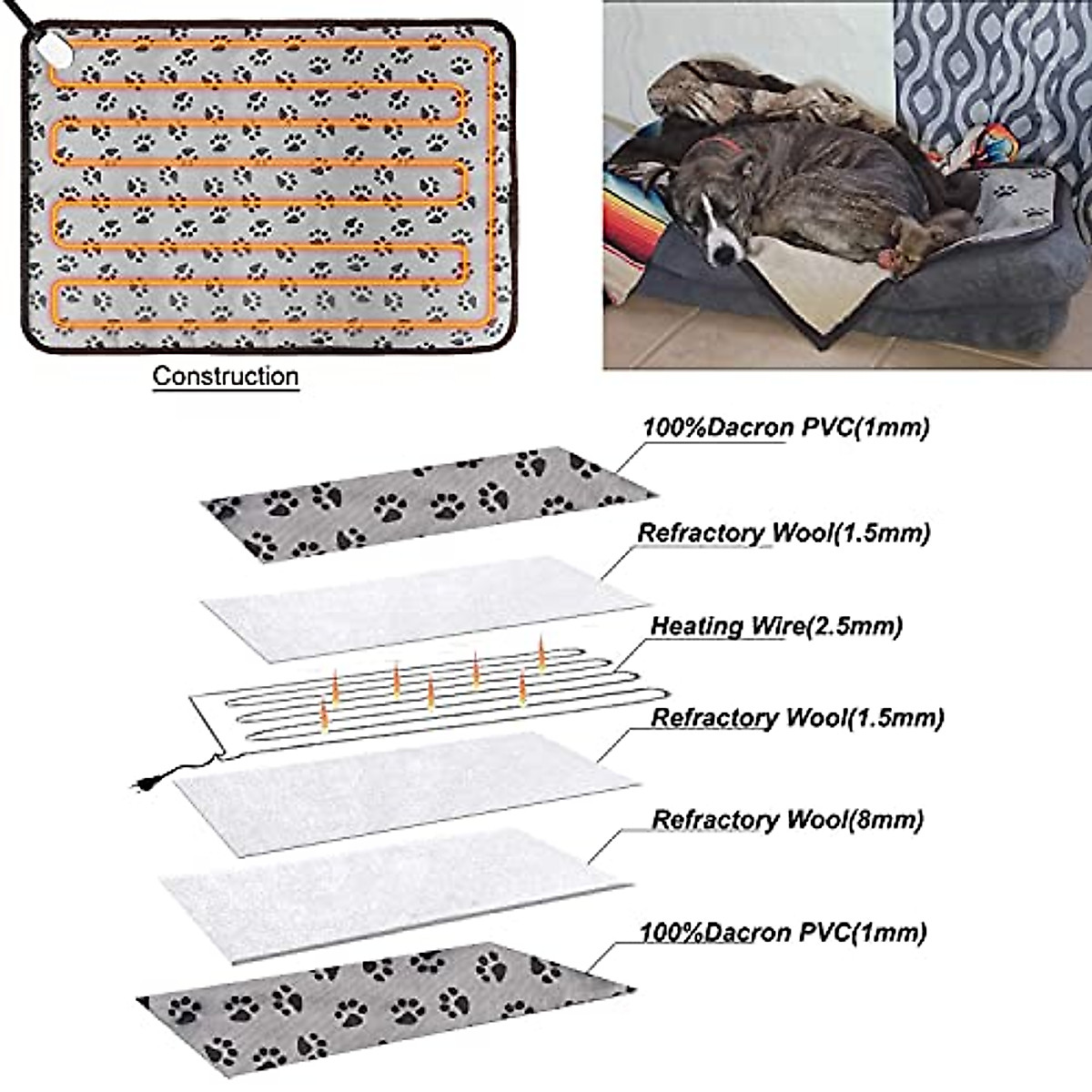 Pet Heating pad for Large Dog cat Heated Bed Dog Heating pad 34" x 21" with Soft Washable Cover Electric Heating pad Keep Pets Warmer Water Resistant Chew Resistant Cord