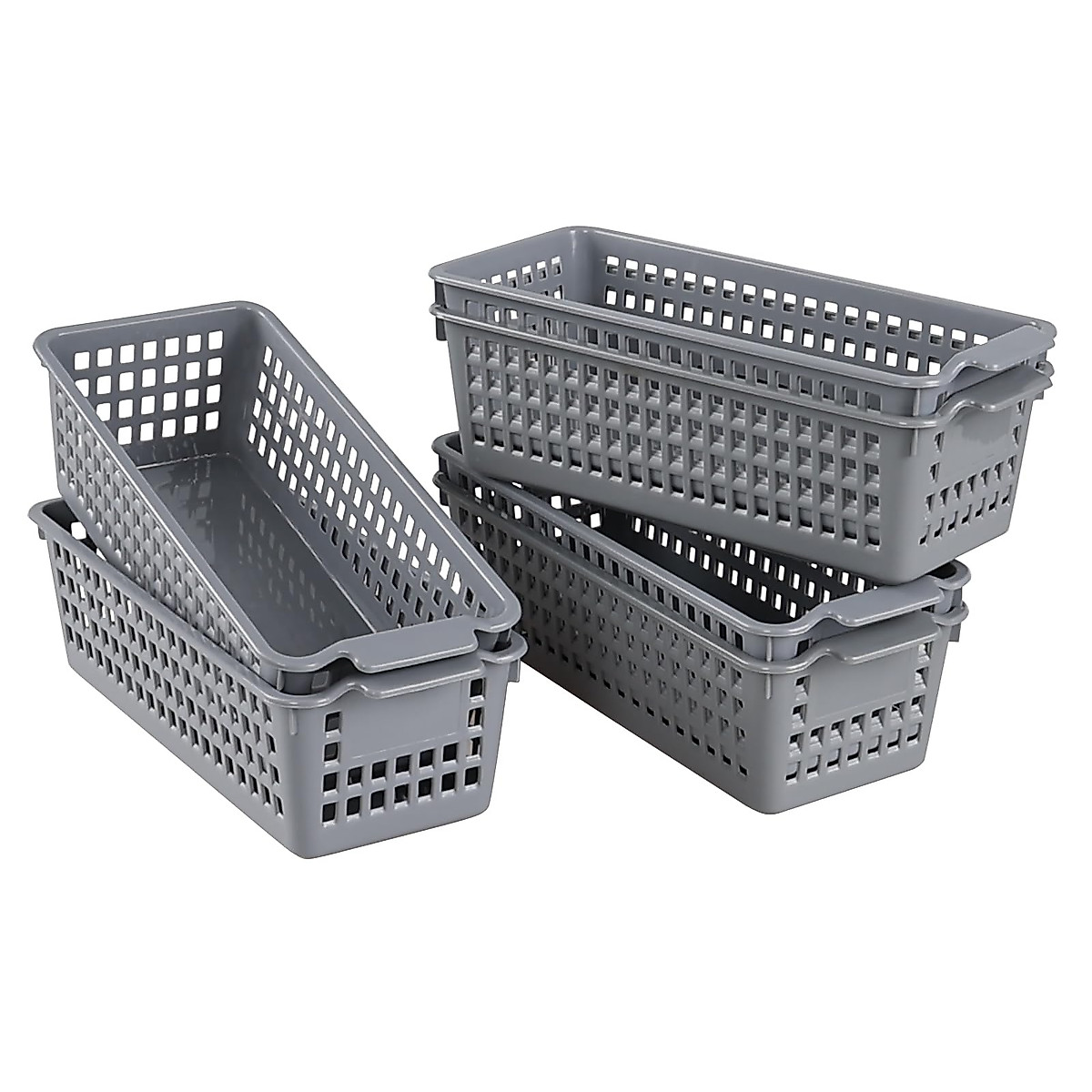 Knifefish 6 Packs Slim Plastic Storage Trays Baskets,Pencil Organizer 11.61" x 5.03", Grey