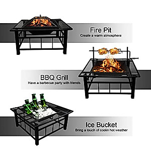 32 Inch Fire Pit Table with Swivel Grill for Outside, Large Square Outdoor Wood Burning Firepit with BBQ Grill Grate, Mesh Spark, Log Grate, Poker for Backyard Garden Patio Camping Picnic
