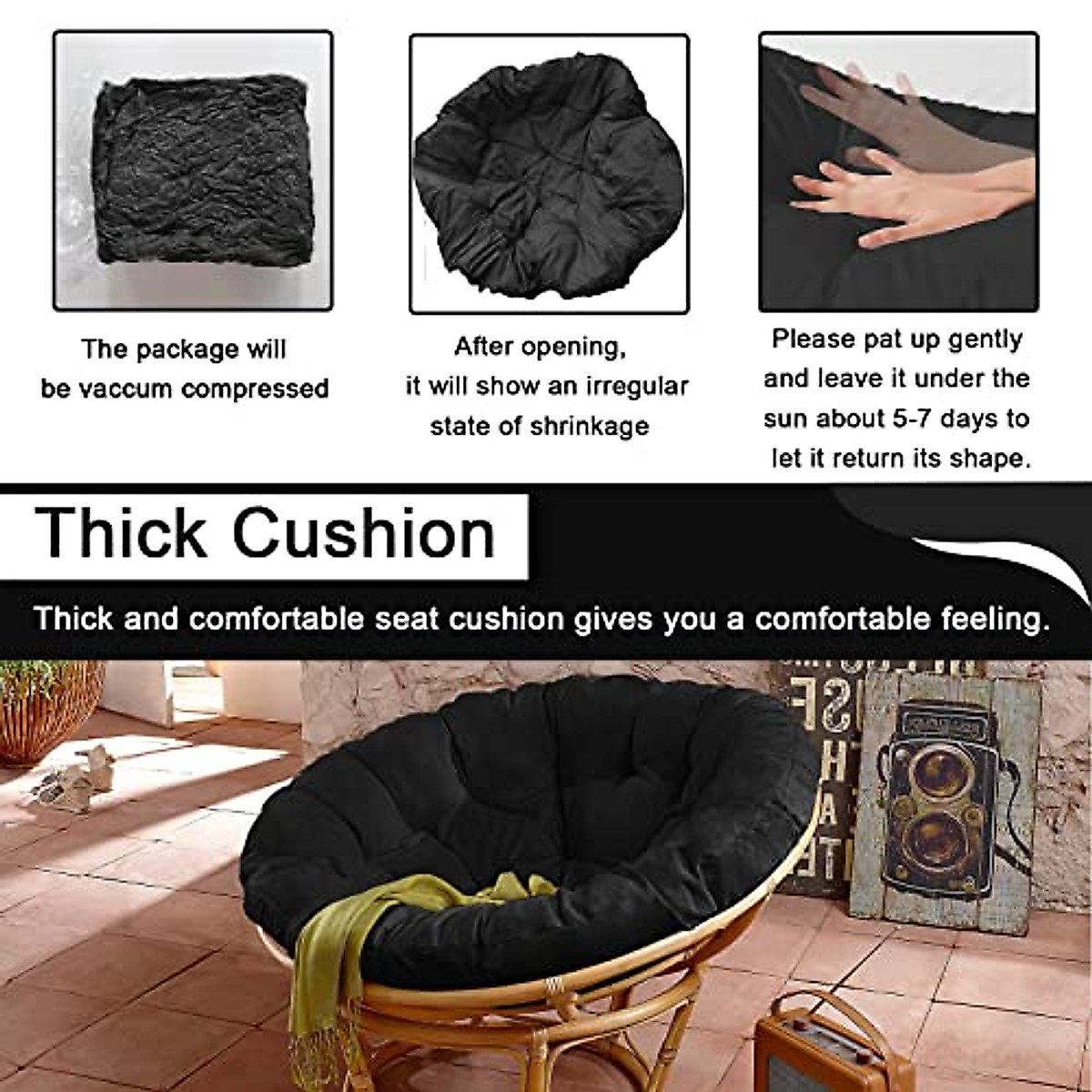 HILUHIDI Papasan Chair Cushion Only 52 inch, 13.23lbs Overstuffed Round Papasan Chair Cushion Only, Thicken Papasan Seat Cushion for Relaxing (Black)