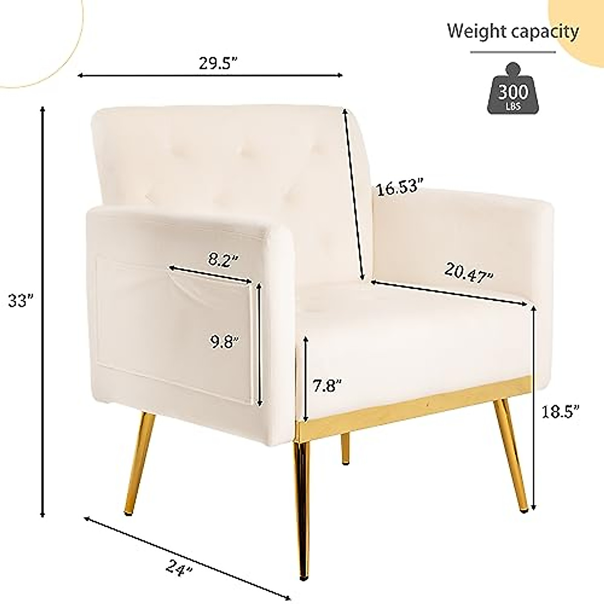 COCO DESIGN Velvet Accent Chair Set of 2 w/Gold Metal Legs, Mid Century Modern Reading Chair w/Side Pocket，Comfy Single Sofa Armchair for Living Room, Bedroom, Beige