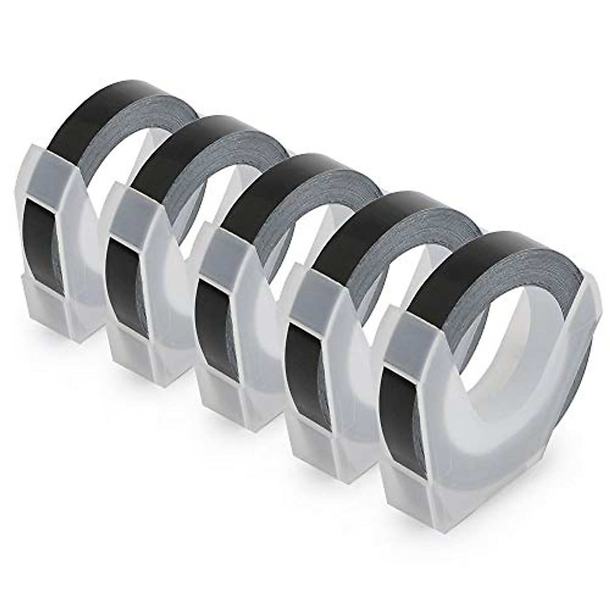 Suminey Embossing Tape Replacement for Dymo 3D Plastic Embossing Labels 1741670 for Embossing Label Maker, White on Black, 3/8'' x 9.8' for Organizer Xpress, Office Matte II, Motex, 5-roll Pack