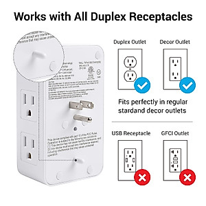 Clear Power Multi Plug Outlet Extender, 6-Outlet Splitter with 3 USB Ports (1x USB-C), 3-Sided Power Strip USB Wall Charger for Home & Office, White, DC3S-1006-DC