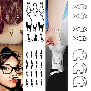 Oottati 30 Sheets Small Cute Temporary Tattoos Kit - Black Foot Print Camera Elephant Star Diamond Cross Bird Cat for Kids Women Men
