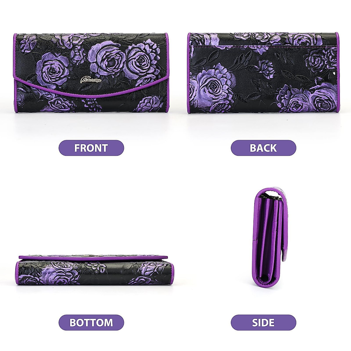 ArtsEye Roses Embossed Genuine Leather Trifold Wallet Purse (Purple)