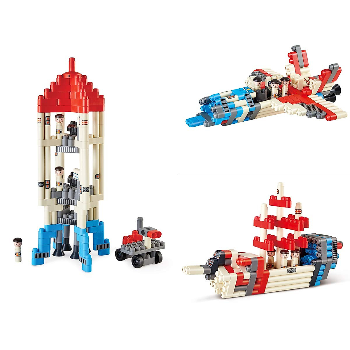 Hape PolyM Space Adventure Rocket Construction Kit | 138 Piece Building Brick Toy Play Set for Kids - Figurines and Accessories Included