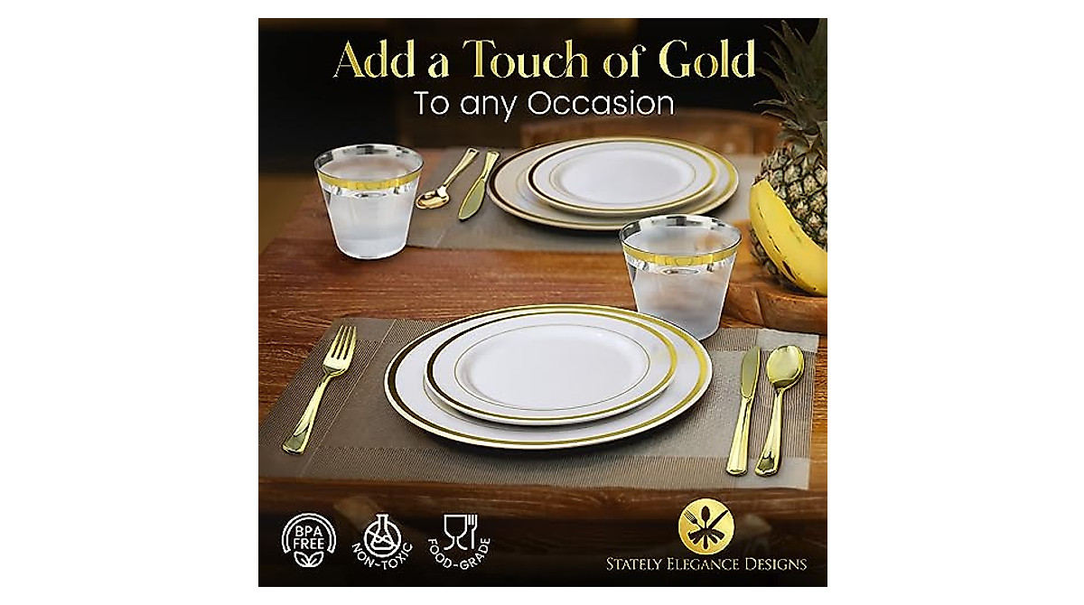 Elegant 600 Piece Gold Dinnerware Set for 100 Guests