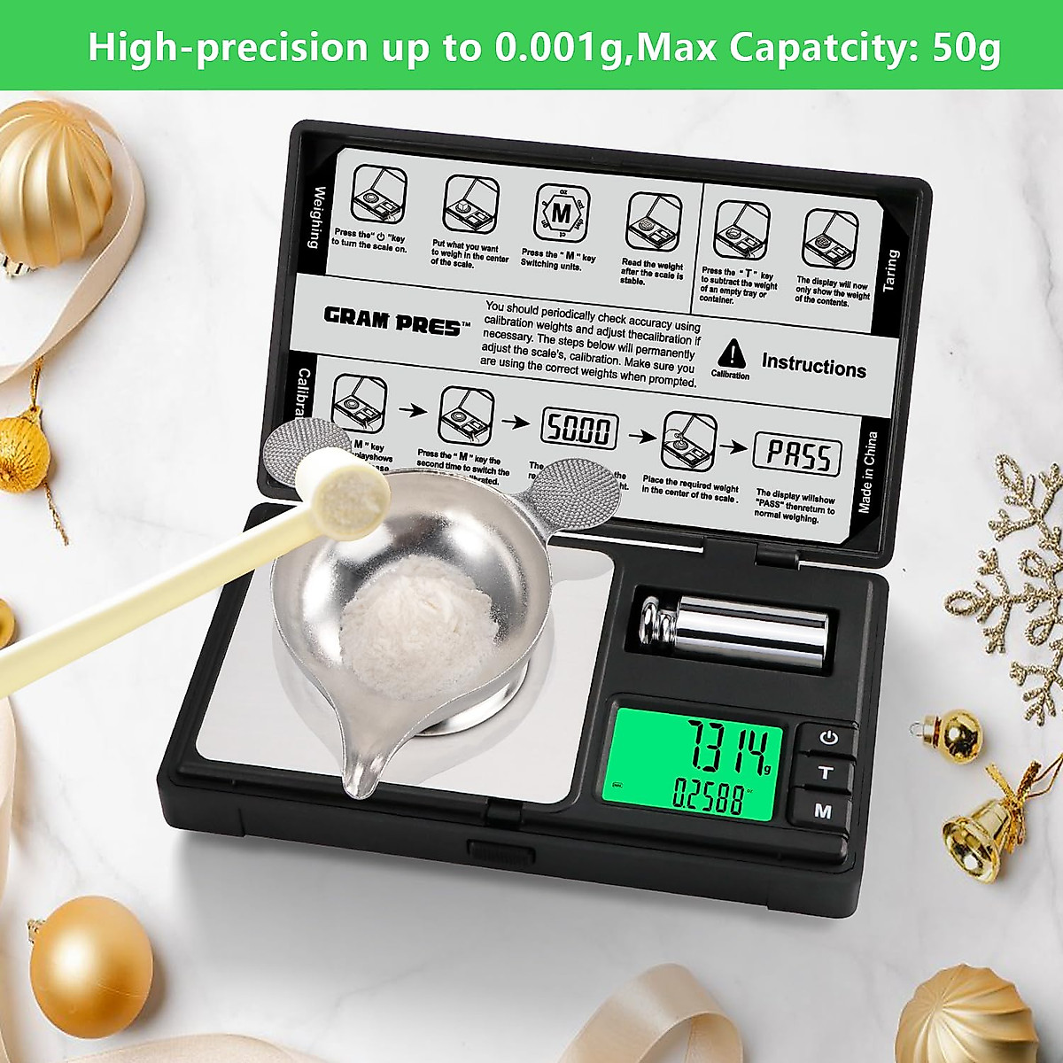 GRAM PRES High Precision Milligram Scale,50g/0.001g Digital Mini Pocket Gram Scale,Mg Scale for Weighing Powders,Jewelry, Medicine, Gem, Reloading, with Cal Weight, Tweezer ，Tray and Scoop