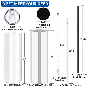 Sublimation Tumblers Bulk 20 oz Stainless Steel Tumblers Blanks Kit with Lid and Straw, 4 Pack Straight Skinny Insulated Tumblers with Sublimation Shrink-Wrap for DIY-Gifts