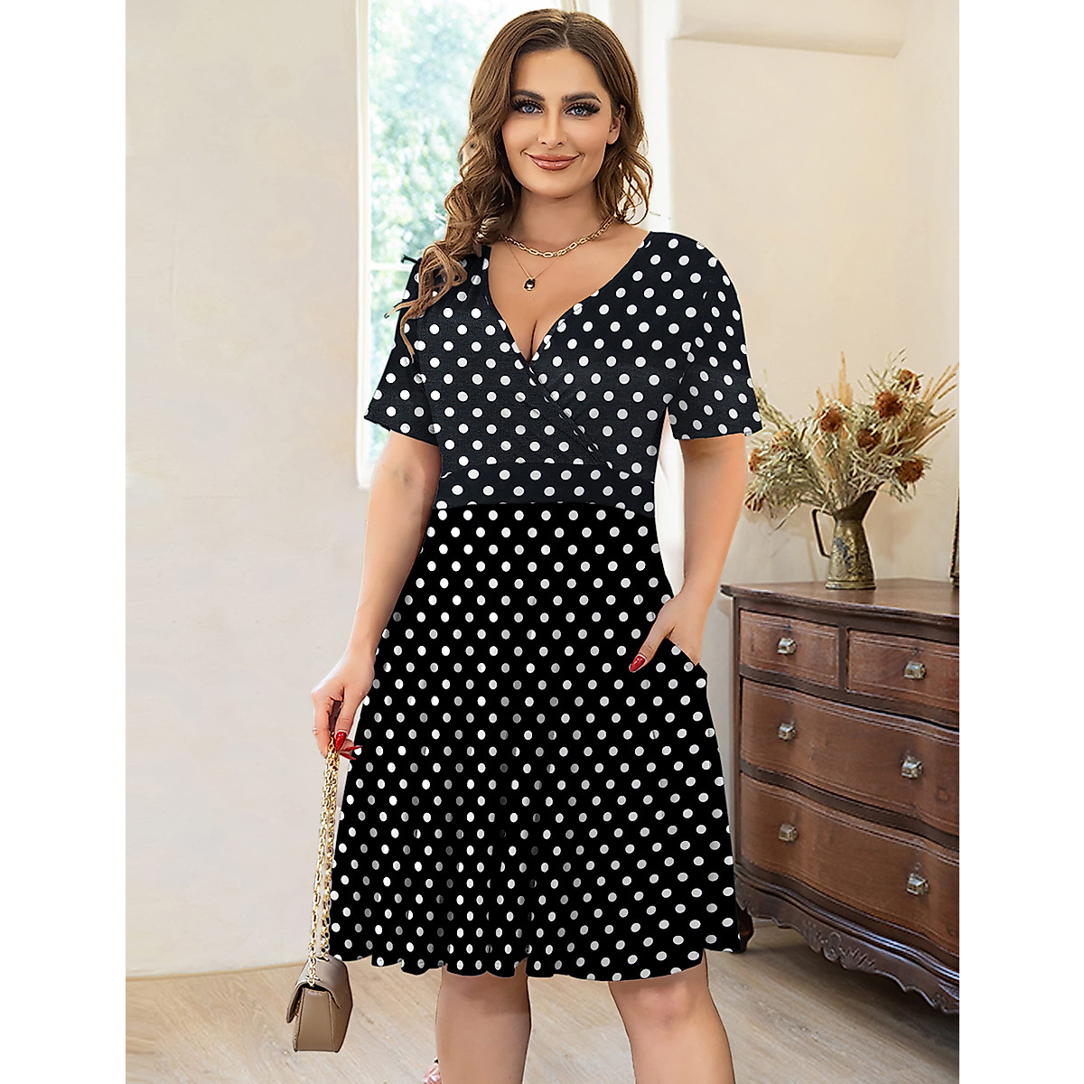 Ahlaray Womens Plus Size Summer Dresses Short Sleeve Causal Swing Faux Wrap Dress with Pockets, Polka Dot, 2XL