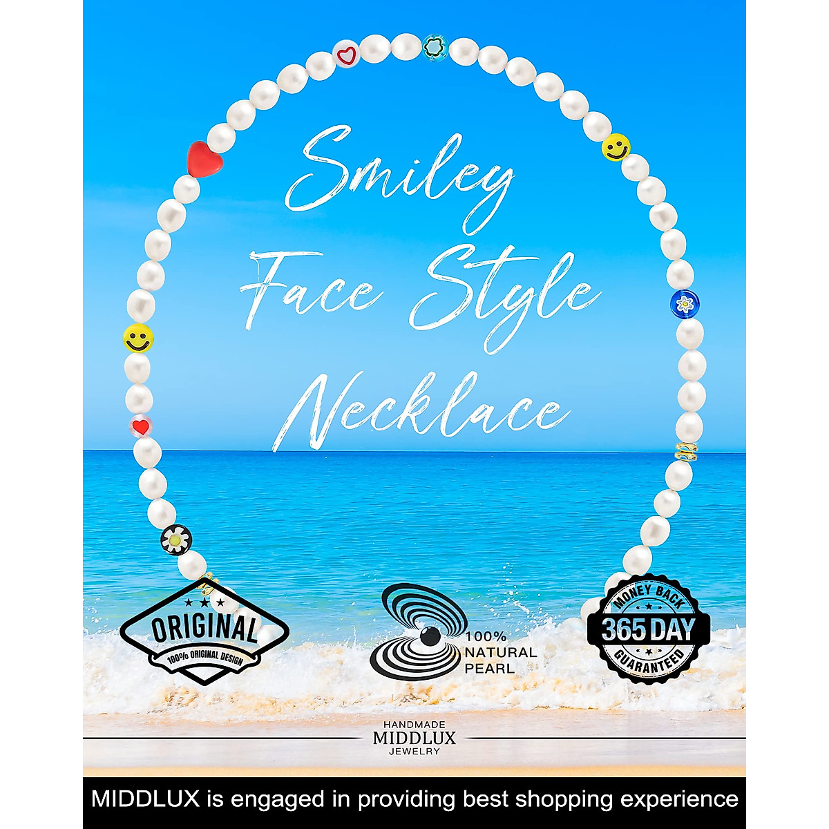 MIDDLUX Pearl Necklace, Unisex, Y2k Jewelry, Beaded Necklace, Smiley Face Necklace, Stainless Steel, 20" + 2" Extender