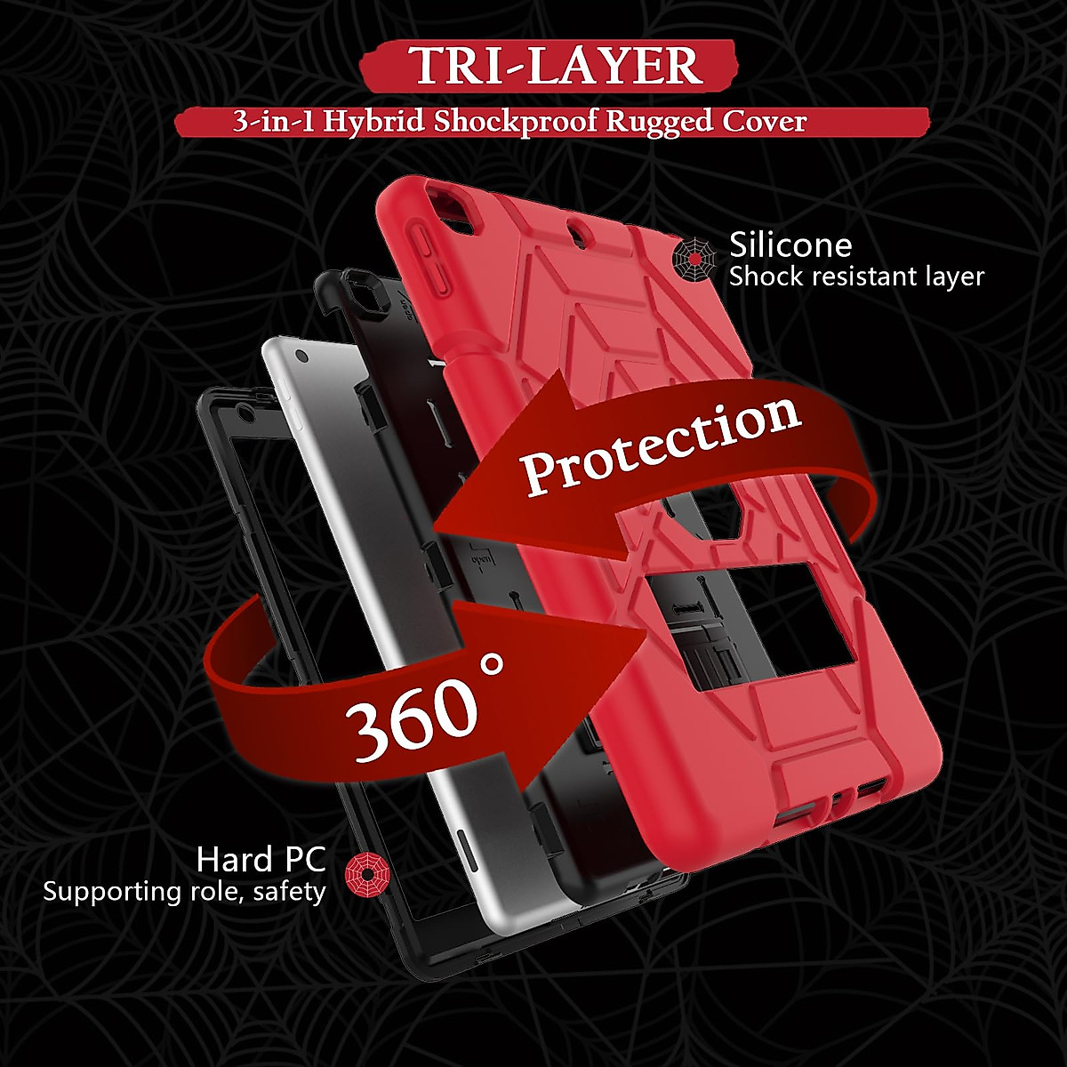 ZoneFoker for iPad 9th Generation Case, for 8th/7th Generation Case 10.2 inch 2021/2020/2019, Heavy Duty Strudy Shockproof 3-Layer Rugged Cover with Stand for Kids Boys (Red+Black)