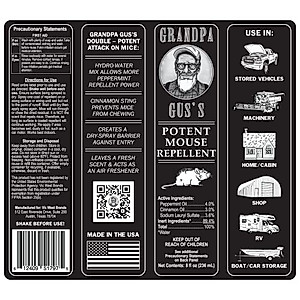 Grandpa Gus's Potent Mouse Repellent Spray, Peppermint & Cinnamon Oil Formula, Repels Mice & Rats from Nesting, Chewing in Homes/RV, Boat/Car, Storage & Wiring, 8 oz (2 Bottles)