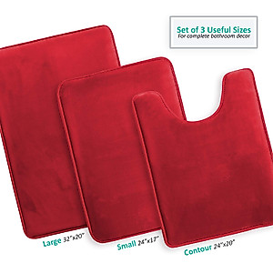 Clara Clark Memory Foam Bath Mat Set Non Slip Absorbent Velvet - Fast Drying Bath Mats Bathroom Rug and Contour Rug Set 3 Piece - 20 x 32-17 x 24-19 x 24, Red