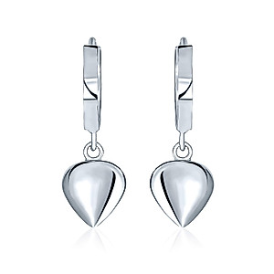 Romantic Love Dangle Charm Puff Heart Shaped Huggie Mini Hoop Earrings For Women Teens .925 Sterling Silver