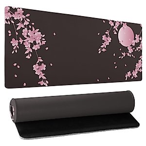 Sakura Cherry Blossom Extended Gaming Mouse Pad Non-Slip Rubber Base Pink Large Mousepad 31.5x11.8in with Stitched Edge Waterproof Flower Keyboard Pads Black Desk Laptop Mats for Work/Game/Office