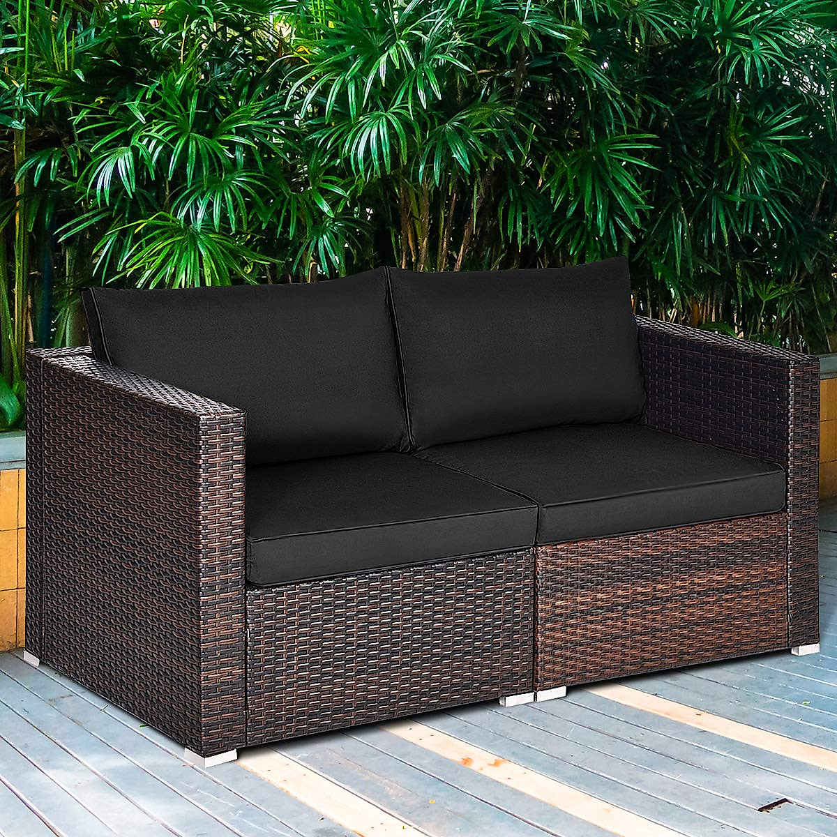 Tangkula Wicker Loveseat 2 Piece, Patio Furniture Couch with Removable Cushions, Rattan Loveseat Sofa for Balcony, Deck, Garden and Poolside
