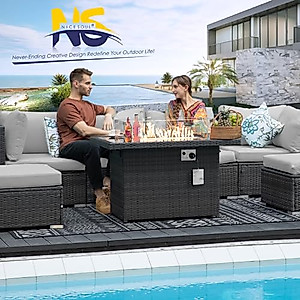 NICESOUL® 7Pcs High-End Extra Large Outdoor Patio Furniture Set with Natural Gas/Propane Firepits,Wicker Sectional Couches with Fire Table, 29.3''High Back Conversation Sofas