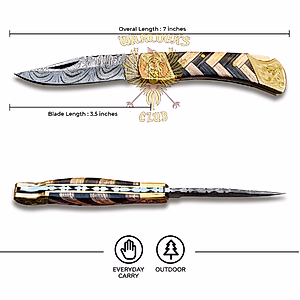 WARLOCKS CLUB Handmade Damascus Pocket Knife with Sheath, 7" Folding Hunting Knife with Wood Handle, Small Camping Knife for Outdoor