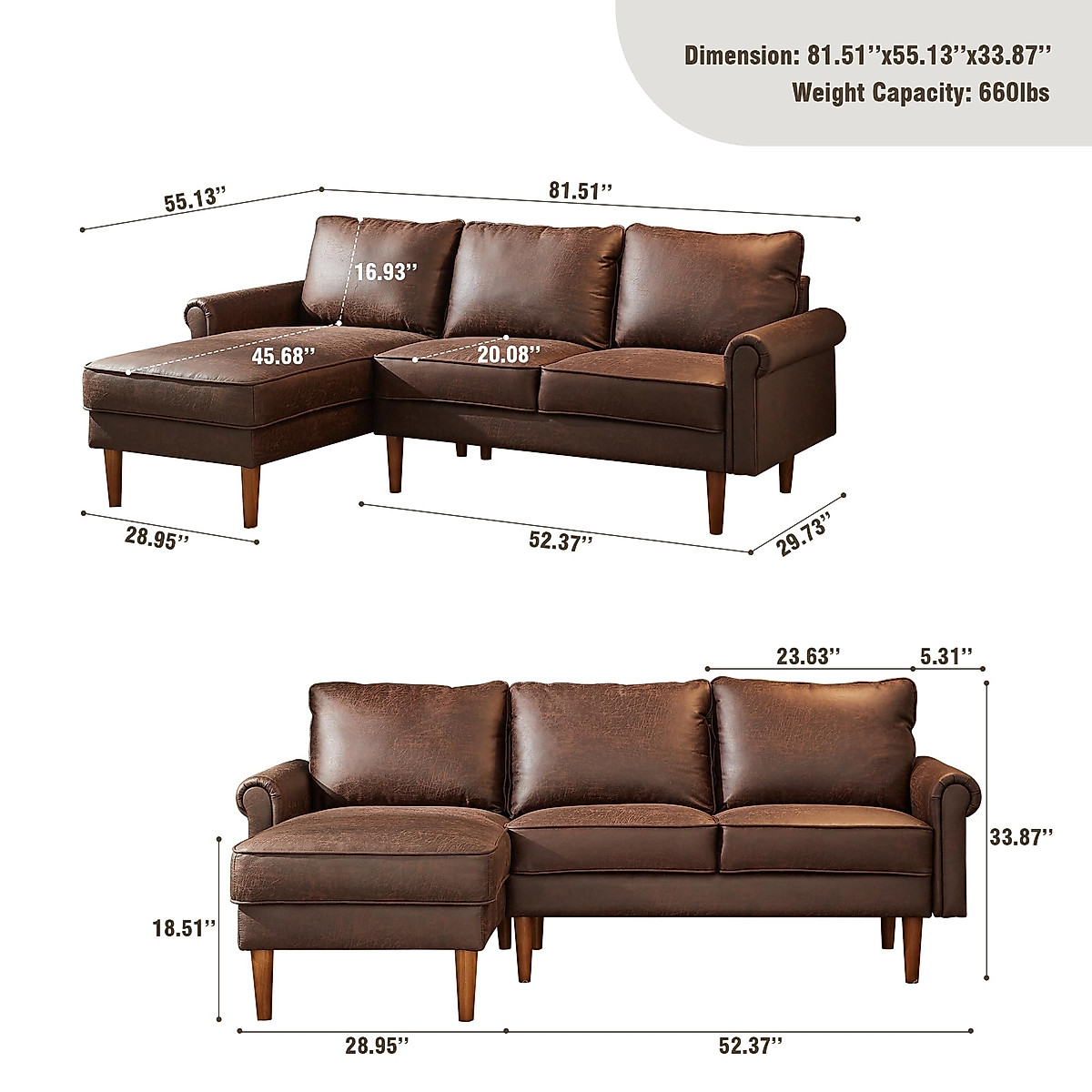 HOOOWOOO 81.51" L Shaped Couch Mid Century Modern Sectional Couch Brown Faux Leather Sofa with Left Chaise 3-Seater Rolled Arms Solid Wood Frame for Living Room Apartment,Chocolate Brown