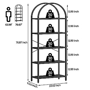 IDEALHOUSE Bookshelf 5 Tier Bookcase Arched Display Racks Tall Standing Bookshelves Metal Frame Open Storage Rack Shelf Large Black Book Shelf for Bedroom, Living Room, Home Office