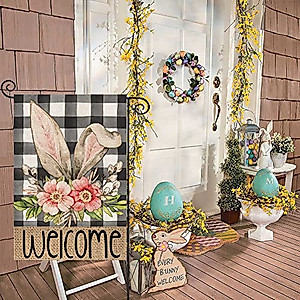 Welcome Easter Garden Flag for Outdoor 12x18 Double Sided,Buffalo Plaid Bunny Ears with Flowers Small Yard Flag,Seasonal Decors for Spring Outside Farmhouse Holiday