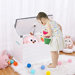 Wooden Toy Box with Seating Bench White Kids Toy Chest with Safety Hinged Lid Large Storage Cabinet with Cushion Seat Bench Toy Storage Organizer Gift for Girls and Boys